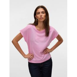 V&eacute;ro Moda Kurzarmshirt VERO MODA "VMEMMY SS LACE TAPE TOP JRS GA NOOS", Damen, Gr. XS, rosa (bonbon), Jersey, Obermaterial: 100% Baumwolle, unifarben, regular fit normal, Rundhals, Shirts