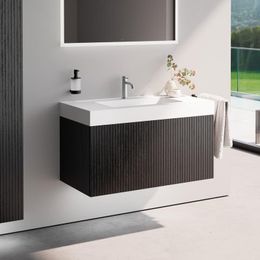 neoro n50 stripes Unterschrank B: 100 cm mit 1 Auszug, eiche schwarz profiliert, Waschtisch area, BN0488BBO+BN0154WM,