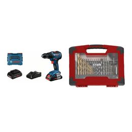 Bosch Akku-Bohrschrauber GSR 18V-55, 2x 4,0Ah ProCORE18V, Ladeger&auml;t &ndash; 2-teiliges Set mit TiN-Bohrer-, S&auml;ge- & Bit-Set, 100-tlg
