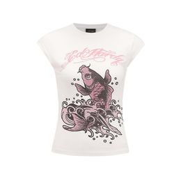 Ed Hardy T-Shirt 'Koi Fisch Steinen' Damen Gr&ouml;&szlig;e L rosa / schwarz / wei&szlig;