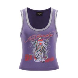 Ed Hardy Top 'Ed Nyc Skull Tour' Damen Gr&ouml;&szlig;e S rauchgrau / lila / rot