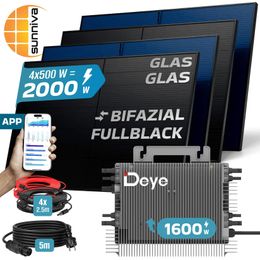 SUNNIVA&reg; 2000W Balkonkraftwerk BIFAZIAL FULLBLACK komplett Steckdose DEYE 1600W Wechselrichter, PV Solaranlage, 4x 500W Glas-Glas Solarmodule, inkl. 5m Kabel, Bluetooth WIFI, Komplettset