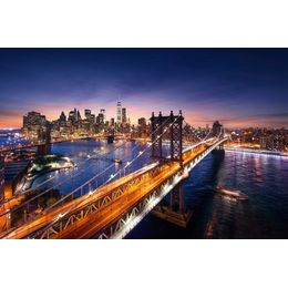 papermoon Fototapete "New York Br&uuml;cke bei Nacht", B/L: 4,5m x 2,8m, Bahnen: 9 Stk., bunt, Schlafzimmer, Tapeten