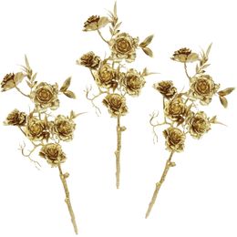 Kunstblume I.GE.A., B:14cm H:54cm L:12cm, gold, Obermaterial: 98% Kunststoff, 2% Polyester, Kunstpflanzen, "Rose", Kunstrose, Rosenzweig, 3er Set