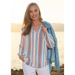 GOLDNER Damen Klassische Bluse "Kurzgr&ouml;&szlig;e Streifenbluse mit Smokdetails", blau, Gr. 21, Obermaterial: 100% Viskose CV., Blusen, Sattel an Schulter