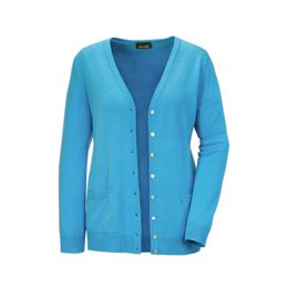 GOLDNER Damen Strickjacke "Kurzgr&ouml;&szlig;e Uni Merino-Cardigan Langarm", blau, Basic, Gr. 25, Obermaterial: 100% Schurwolle WV., Strickjacken,