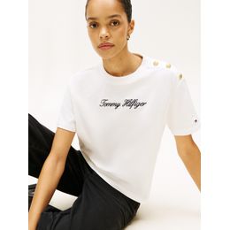 Tommy Hilfiger Damen Kurzarmshirt "GOLD BTN SCRIPT MDRN SS TEE"ecru, Gr. XXXL, bedruckt, Single Jersey, Obermaterial: 100% Baumwolle, Shirts, mit