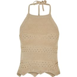 Tanktop Urban Classics "Urban Classics Damen Ladies Short Crochet Knit Neckholder Top", Damen, Gr. L, softseagrass, 100% Polyacryl, unifarben, slim fit, Tops Tanktop