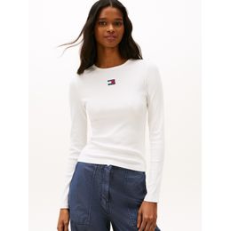 Langarmshirt Tommy Jeans "TJW SLIM LS BADGE TEE EXT", Damen, Gr. 4XL (48), ecru, Single Jersey, Obermaterial: 95% Baumwolle, 5% Elasthan, unifarben, slim fit normal, Rundhals, Shirts Langarmshirt, Baumwollmischung, Stretch, slim fit