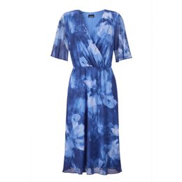GOLDNER Damen Sommerkleid "Wickelkleid mit Bl&uuml;tenprint in Blau, tailliert", blau, Gr. 54, Obermaterial: 90% Polyester PES. 10% Elasthan EL., Kleider,