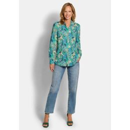 GOLDNER Damen Kurzarmbluse "Blusenshirt mit floralem Print"salbei, blau, gemustert, Gr. 50, Obermaterial: 100% Viskose CV., Blusen,