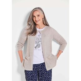 GOLDNER Damen Kurzjacke "Kurzgr&ouml;&szlig;e Brauner Cardigan mit Lochmuster, Langarm", beige, Gr. 21, Obermaterial: 53% Polyacryl PAN. 24% Polyamid PA. 18%