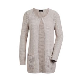GOLDNER Damen Kurzjacke "Kurzgr&ouml;&szlig;e Brauner Cardigan mit Lochmuster, Langarm", beige, Gr. 21, Obermaterial: 53% Polyacryl PAN. 24% Polyamid PA. 18%