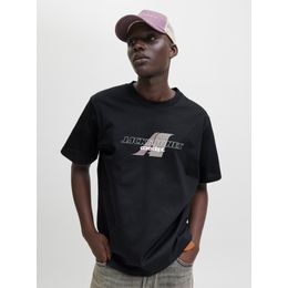 Jack & Jones JACK & JONES Herren T-Shirt "JCOTIER FRONT PRINT TEE SS CREW NECK", schwarz, Gr. S, bedruckt, Jersey, Obermaterial: 100% Baumwolle, Shirts