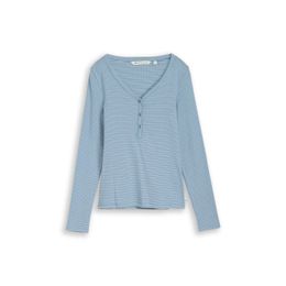 Tom Tailor Denim Damen Slim Fit Henley Langarmshirt mit Streifenmuster, blau, Gestreift, Gr. XL