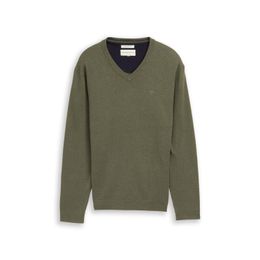Tom Tailor Herren Strickpullover mit V-Ausschnitt aus Baumwolle, gr&uuml;n, Meliert, Gr. S