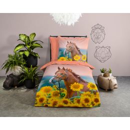 Kinderbettw&auml;sche Good Morning "Beauty Horse Sunflower", bunt (multi, gelb, terrakotta), B/L: 135cm x 200cm, 1 Stk., 1 Stk., Renforc&eacute;, B/L: 80cm x 80cm, 2 Stk., Renforc&eacute;, Obermaterial: 100% Baumwolle, Bettw&auml;sche, Baumwolle, 135x200, Rei&szlig;verschluss, Wendeoptik, Kind, M&auml;dchen, Pferd