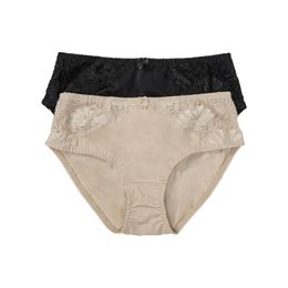Maxislip bonprix, Damen, Gr. 36/38 (S), 2 Stk., beige (kreidebeige, schwarz), Obermaterial: 80% Polyamid, 20% Elasthan. Netzfutter: 90% Polyamid, 10% Elasthan. Spitze: 87% Polyamid, 13% Elasthan, Unterhosen Maxislip, &uuml;ber die H&uuml;fte gef&uuml;hrt, mit floraler Spitze auf der Vorderseite