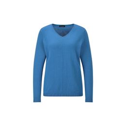 Rundhalspullover GOLDNER "Kurzgr&ouml;&szlig;e Baumwollpullover mit V-Ausschnitt", Damen, Gr. 22, blau, Obermaterial: 95% Baumwolle CO. 5% Kaschmir WS., gerade, Pullover Rundhalspullover, mit Kaschmieranteil