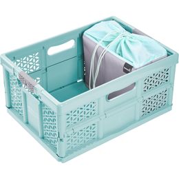 Klappbox keeeper "lea 32l und faltbarere Obst- und Gem&uuml;sebox nea 9l", aquamarine, grau, B:48cm H:23,5cm T:34,5cm, Kunststoff, Einkaufsk&ouml;rbe, Klappbox, Soft-Touch-Griffe, zusammenklappbar