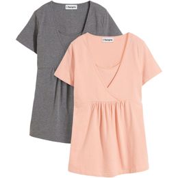 Stillshirt bonprix "2-in-1 Umstands- und Stillshirts (2er Pack?)", Damen, Gr. 52/54 (XXL), rosa (vintagerosa, grau meliert), Obermaterial: 95% Baumwolle, 5% Elasthan. Obermaterial 2: 50% Baumwolle, 45% Polyester, 5% Elasthan, figurumspielend, Shirts Stillshirt, figurumspielende Passform, mit Wickelschnitt