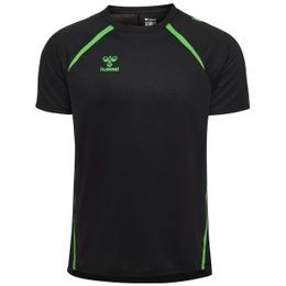 Trainingsshirt Hummel "HMLLEAD 2.0 JERSEY S/S", Damen, Gr. M, schwarz, gr&uuml;n gecko, Obermaterial: 100% Polyester, Shirts Trainingsshirt, regul&auml;re Passform, mit Chevrons auf den Schultern, sportlicher Stil