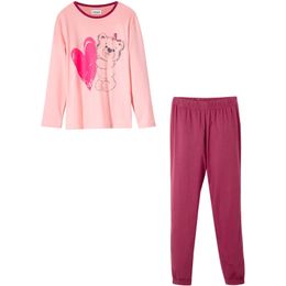 Pyjama bonprix "Pyjama aus reiner Baumwolle (2-tlg. Set)", M&auml;dchen, Gr. 140/146, rosa (altrosa, beere), Jersey, Obermaterial: 100% Baumwolle, bedruckt, Basic lang, Rundhals, Homewear-Sets Pyjama, bequeme Passform, mit elastischem Bund und fixiertem Bindeband