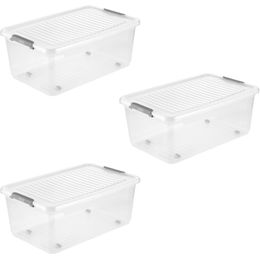 Aufbewahrungsbox keeeper "Clipbox Leo (Set 3 St.) 37 L, 59 x 38 x 24 cm", transparent, B:59cm H:24cm T:38cm, Kunststoff, Aufbewahrungsboxen, Aufbewahrungsbox, Schanierclips, Doppel&ouml;ffnung, 90 drehbare R&auml;der, fixierbarer Deckel