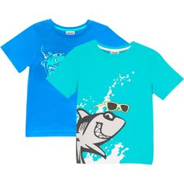T-Shirt bonprix, Jungen, Gr. 92/98, blau (aqua, gletscherblau), Jersey, Obermaterial: 100% Baumwolle, bedruckt, mehrfarbig, unifarben, Basic h&uuml;ftbedeckend, Rundhals, Shirts T-Shirt, bequeme Passform, Kurzarm, mit Haifisch-Druck, aus Baumwolle