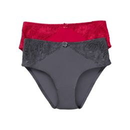 Maxislip bonprix, Damen, Gr. 44/46 (L), 2 Stk., rot (granatrot, anthrazit), Obermaterial: 80% Polyamid, 20% Elasthan. Netzfutter: 90% Polyamid, 10% Elasthan. Spitze: 87% Polyamid, 13% Elasthan, Unterhosen Maxislip, &uuml;ber die H&uuml;fte gef&uuml;hrt, mit floraler Spitze auf der Vorderseite
