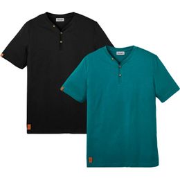 Henleyshirt bonprix "Henleyshirt (2er Pack) aus reiner Baumwolle", Herren, Gr. 56/58 (XL), schwarz (schwarz, petrol), Jersey, Obermaterial: 100% Baumwolle, mehrfarbig, unifarben, regular fit normal, V-Ausschnitt, Shirts Henleyshirt, Regular fit, mit Ausschnitt im Henley-Look, aus Baumwolle