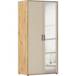 Dreht&uuml;renschrank Rauch "Kleiderschrank Schrank Garderobe W&auml;scheschrank VOYAGER", beige (champagner), eiche artisan, B:93cm H:194cm T:53cm, Holzwerkstoff, Schr&auml;nke, Dreht&uuml;renschrank, mit modernen Griffen in Graumetallic und Spiegel