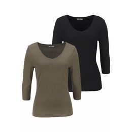 V-Shirt Flashlights, Damen, Gr. 48/50, gr&uuml;n (khaki, schwarz), Feinripp, Obermaterial: 100% Baumwolle, unifarben, Basic, sehr figurbetont, V-Ausschnitt, Shirts V-Shirt, unifarben, V-Ausschnitt, Basic-Stil, aus Baumwolle, im 2er-Pack, Topseller