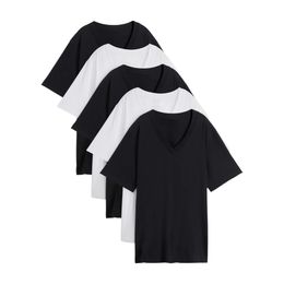Longshirt bonprix "Weites Long-Shirt mit V-Ausschnitt, Kurzarm (5er Pack)", Damen, Gr. 36/38 (S), schwarz (schwarz, schwarz, schwarz, wei&szlig;, wei&szlig;), Jersey, Obermaterial: 100% Baumwolle, mehrfarbig, unifarben, loose fit normal, V-Ausschnitt, gerader Abschluss, Shirts Longshirt, lockere Passform, Kurzarm, mit V-Ausschnitt, unifarben, Topseller