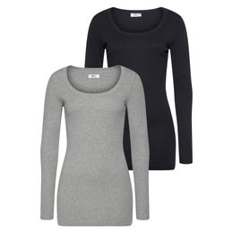 Langarmshirt Flashlights, Damen, Gr. 44/46 (L), grau (grau, schwarz), Feinripp, Obermaterial: 100% Baumwolle. Obermaterial Melange: 90% Baumwolle, 10% Viskose, meliert, Basic, sehr figurbetont Po-bedeckend, Rundhals, Shirts Langarmshirt, sehr figurbetonter Schnitt, Rundhalsausschnitt, aus 100% Baumwolle, Topseller