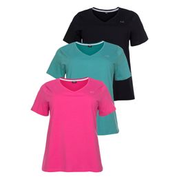 H.I.S. T-Shirt H.I.S "Essential-Basics", Damen, Gr. 56/58, bunt (schwarz, pink, t&uuml;rkis), Single Jersey, Obermaterial: 100% Baumwolle, unifarben, Basic, figurumspielend h&uuml;ftlang, V-Ausschnitt, Shirts T-Shirt, figurumspielender Schnitt, aus Baumwolle, Topseller