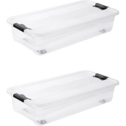Aufbewahrungsbox keeeper "Konrad, Box mit Rollen, 2er Set, 33 L, 79,5 x 39,5 x 18 cm", transparent, B:79,5cm H:18cm T:39,5cm, Kunststoff, Aufbewahrungsboxen, Aufbewahrungsbox, durch Clips verschlie&szlig;bar, Griffe und Rollen am Boden