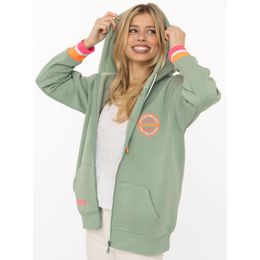 Kapuzensweatjacke Zwillingsherz "Smile Everyday ZH", Damen, Gr. L/XL, salbei, Sweatware, Obermaterial: 50% Baumwolle, 50% Polyester, unifarben, normal h&uuml;ftlang, V-Ausschnitt, Sweatjacken Kapuzensweatjacke, Kapuze, Taschen, Langarm, Stickerei, Rei&szlig;verschluss