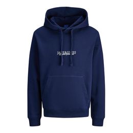 Jack & Jones Kapuzensweatshirt JACK & JONES "JORBLEECKER MINIMAL SWEAT HOOD", Herren, Gr. M, ocean cavern, angeraute Sweatware, Obermaterial: 60% Baumwolle, 40% Polyester, bedruckt, relaxed fit, Rippb&uuml;ndchen, Sweatshirts Kapuzensweatshirt