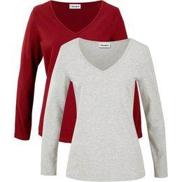 Langarmshirt bonprix "Figurbetontes Langarmshirt (2er Pack)", Damen, Gr. 40/42 (M), rot (rubinrot, hellgrau meliert), Jersey, Obermaterial: 95% Baumwolle, 5% Elasthan, meliert, slim fit normal, tiefer V-Ausschnitt, Shirts Langarmshirt, Slim fit Passform, mit V-Ausschnitt, aus Baumwolle und Elasthan
