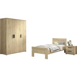Jugendzimmer-Set Vipack "SAM - Bett, Nachtkonsole, Kleiderschrank 3-trg., gradliniges Design", eiche dekor, ohne Matratze, B/H: 90cm x 200cm, Schlafzimmerm&ouml;bel-Sets, Jugendzimmer-Set