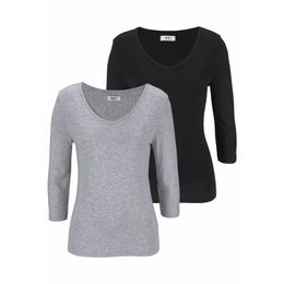V-Shirt Flashlights, Damen, Gr. 48/50, grau (grau, meliert, schwarz), Feinripp, Obermaterial: 100% Baumwolle. Obermaterial Melange: 95% Baumwolle, 5% Viskose, unifarben, Basic, sehr figurbetont h&uuml;ftlang, V-Ausschnitt, Shirts V-Shirt, unifarben, V-Ausschnitt, Basic-Stil, aus Baumwolle, im 2er-Pack, Topseller