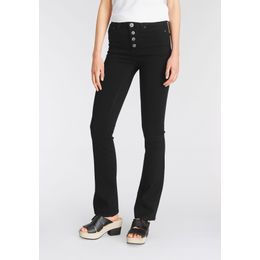 Bootcut-Jeans Arizona "Ultra Stretch", Damen, Gr. 34, N-Gr, schwarz (schwarz schwarz), Denim/Jeans, Obermaterial: 63% Baumwolle, 32% Polyester, 5% Elasthan, unifarben, eng lang, Jeans Bootcut-Jeans, hohe Leibh&ouml;he, ausgestellte Beinform