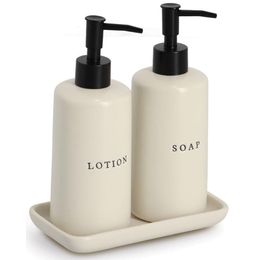 Seifenspender zeller PRESENT "Seifen-/Lotionspender-Set, 3-tlg., Keramik", creme, Keramik, Dosierspender, Seifenspender, Beschriftung: Seife und Lotion, minimalistisch und modern