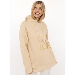 Hoodie Zwillingsherz "Alissa Shiny", Damen, Gr. S/M, beige, Sweatware, Obermaterial: 50% Baumwolle, 50% Polyester, comfort fit h&uuml;ftlang, ohne Ausschnitt, angesetztes B&uuml;ndchen, Sweatshirts Hoodie, gl&auml;nzender Print, Daumenloch, Kordel, gesticktes Herz am &Auml;rmel
