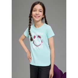 T-Shirt Kidsworld "mit Wendepailletten", M&auml;dchen, Gr. 128/134, t&uuml;rkis, Single Jersey, Obermaterial: 100% Baumwolle, bedruckt, Basic h&uuml;ftlang, Rundhals, abgesteppte Kante, Shirts T-Shirt, Kurzarm, Basic-Passform, mit Pailletten, bedruckt, Topseller