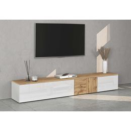 Lowboard OTTO HOME "ISEO, TV-Kommode,TV-M&ouml;bel,TV-Bank, 3 F&auml;cher, Breite 210 cm", wei&szlig; hochglanz fronten, eiche wotan matt, B:200cm H:30cm T:35cm, Sideboards, Lowboard, stehend/h&auml;ngend, 1 Klappe, 2 T&uuml;ren Hochglanz lackiert, Made in Italy