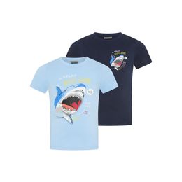 T-Shirt Kidsworld "2er Pack Shirts mit Hai Motiven f&uuml;r kleine Jungen", Jungen, Gr. 140/146, hellblau, marine, Single Jersey, Obermaterial: 100% Baumwolle, bedruckt, Basic, Rundhals, Shirts T-Shirt, modischer Stil, mit Rundhalsausschnitt, Kurzarm, bedruckt, Topseller
