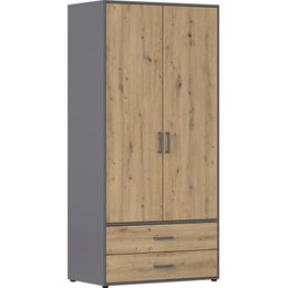 Dreht&uuml;renschrank Rauch "Kleiderschrank Schrank Garderobe W&auml;scheschrank VOYAGER", graumetallic, eiche artisan, griffe graumetallic, B:93cm H:194cm T:53cm, Holzwerkstoff, Schr&auml;nke, Dreht&uuml;renschrank, mit 2 modernen Griffvarianten, mit Au&szlig;enschubladen MADE IN GERMANY