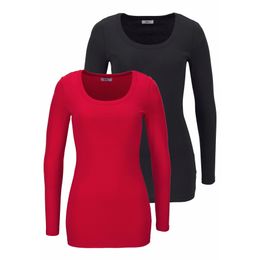 Langarmshirt Flashlights, Damen, Gr. 40/42 (M), rot (rot, schwarz), Feinripp, Obermaterial: 100% Baumwolle, clean, unifarben, Basic, sehr figurbetont Po-bedeckend, Rundhals, Shirts Langarmshirt, sehr figurbetonter Schnitt, Rundhalsausschnitt, aus 100% Baumwolle, Topseller